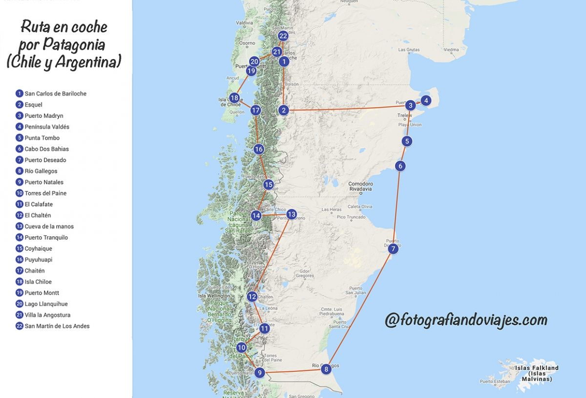 Ruta de viaje por Patagonia en coche, Chile y Argentina 41 días